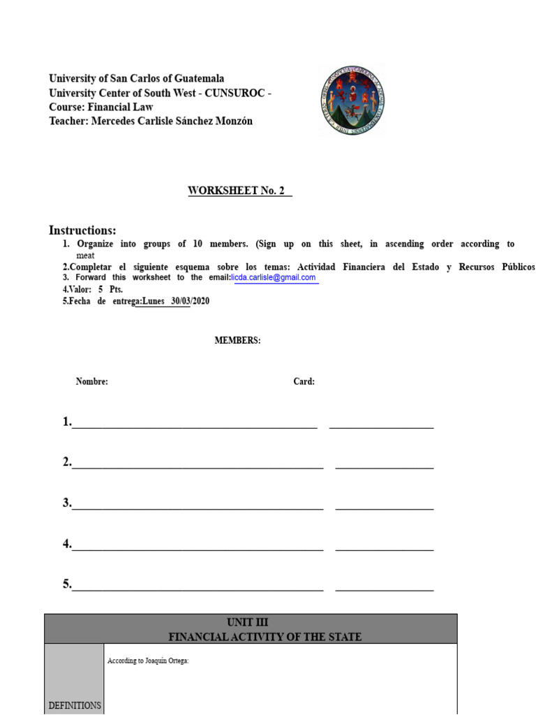 Worksheet No. 2 Outline Financial Activity of The State and State ...