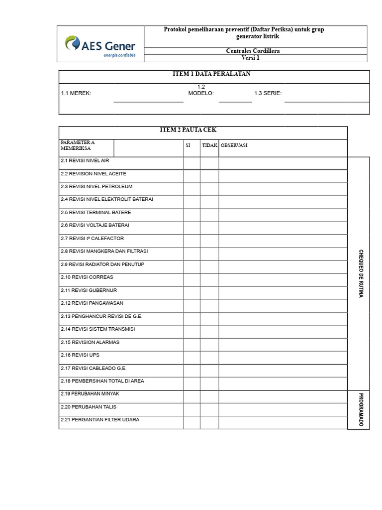 Daftar Periksa Pemeliharaan Genset | PDF