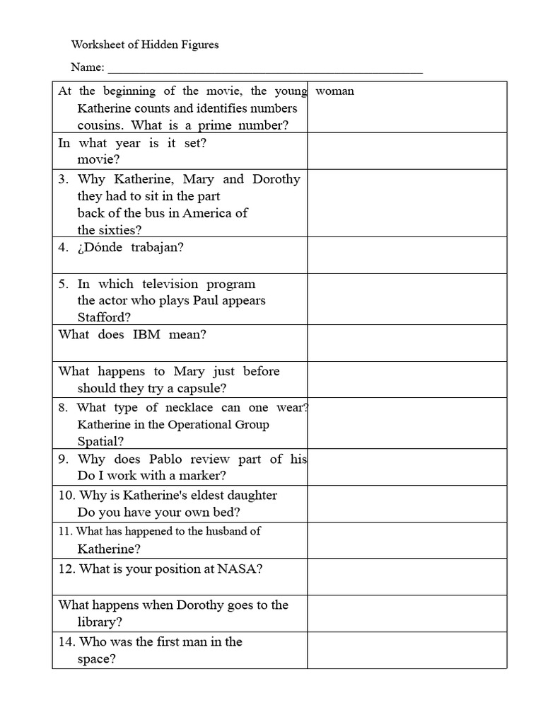 Hidden Figures Worksheet | PDF | Hidden Figures | Katherine Johnson