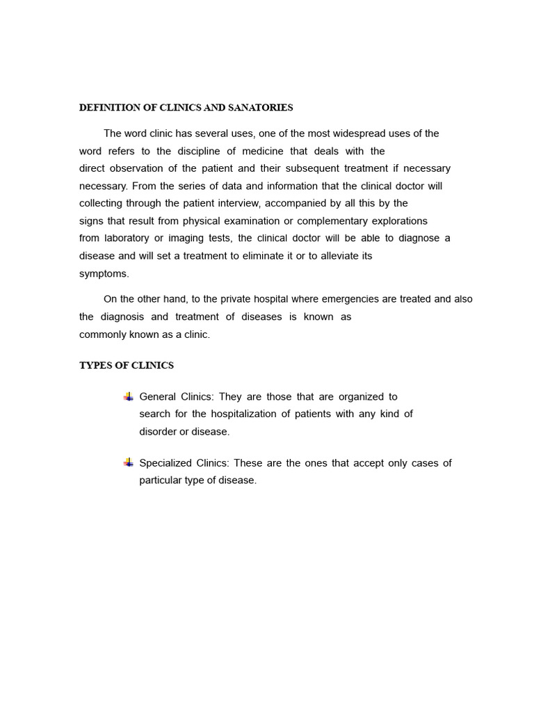 Definition of Clinics and Sanatoriums Work | PDF | Clinic | Medical ...