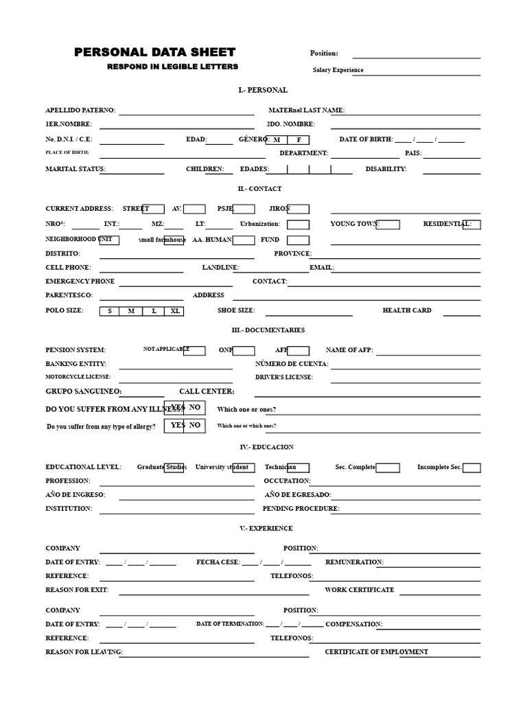 Personal Data Sheet Template | PDF