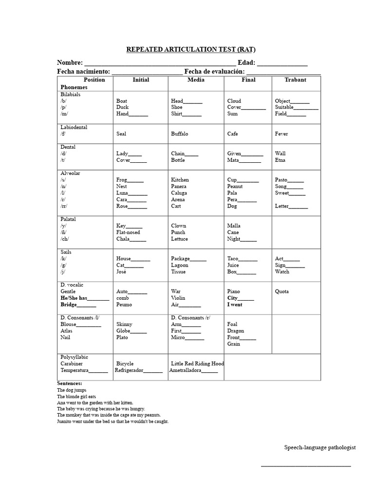 Test of Proprioceptive Articulation Tar | PDF | Consonant | Phonology