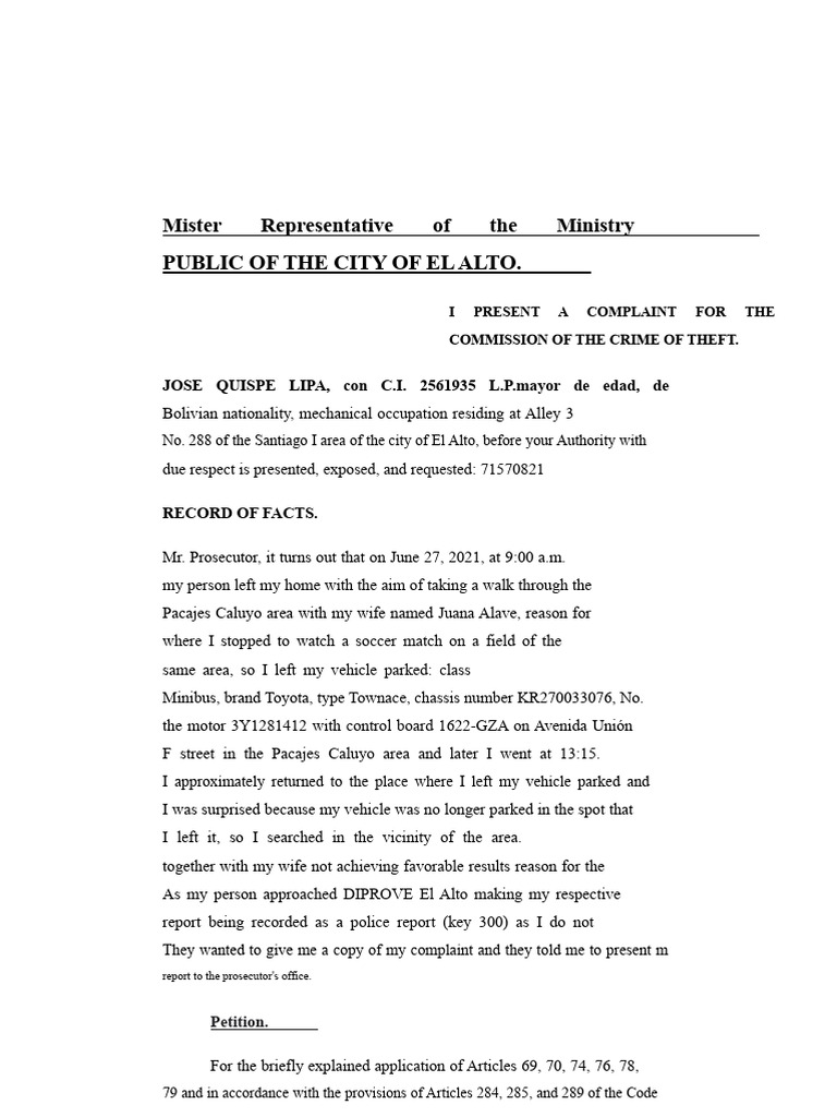 Vehicle Theft Report | PDF | Complaint | Crimes