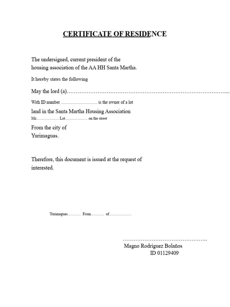 Certificate of Residence - Santa Martha | PDF