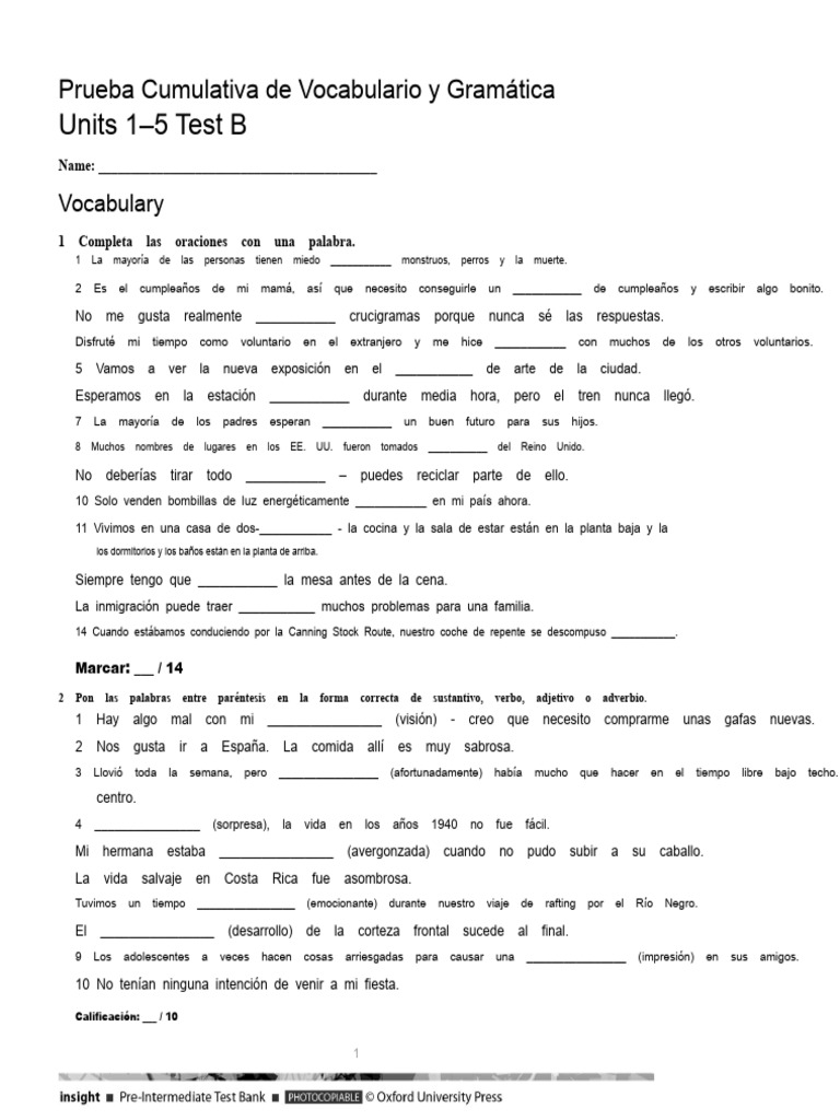 Prueba de Vocabulario y Gramática 1-5 | PDF | Lingüística
