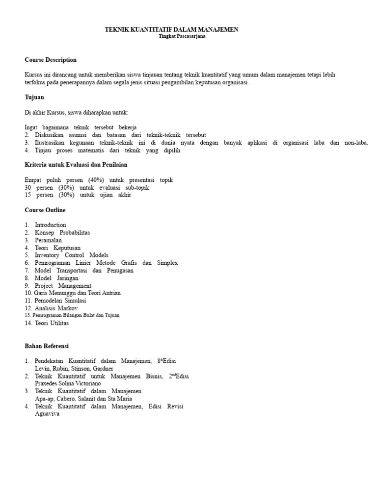 Garis Besar Kursus Teknik Kuantitatif (1) | PDF