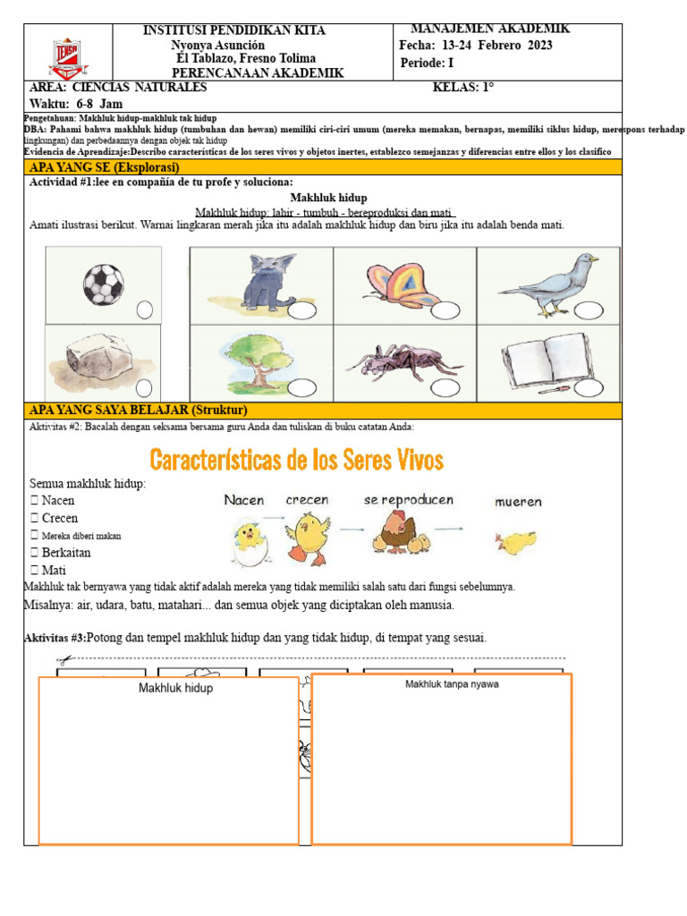 Perencanaan Akademik Kelas 1: Makhluk Hidup vs Tak Hidup | PDF