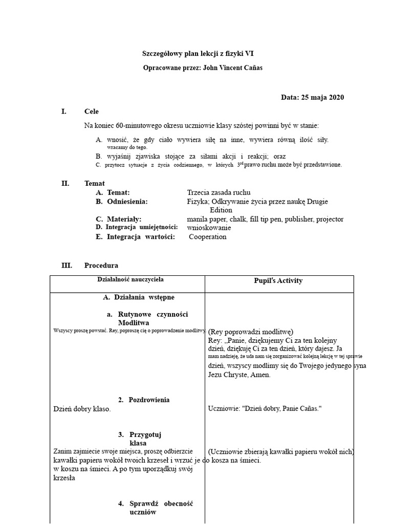 Szczegółowy Plan Lekcji Z Fizyki VI (Cañas, John Vincent) | PDF