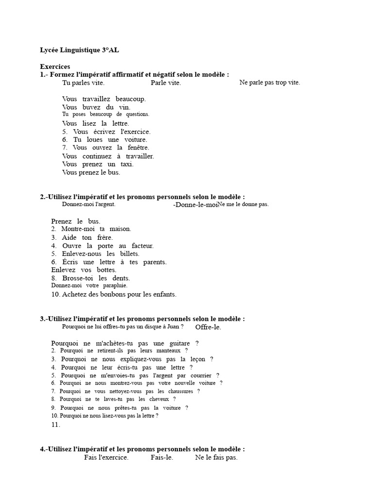 Exercices d'impératif et de conjugaison | PDF | Pronom | Mécanique du ...