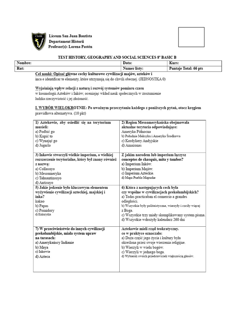 Test Incas Azteków | PDF