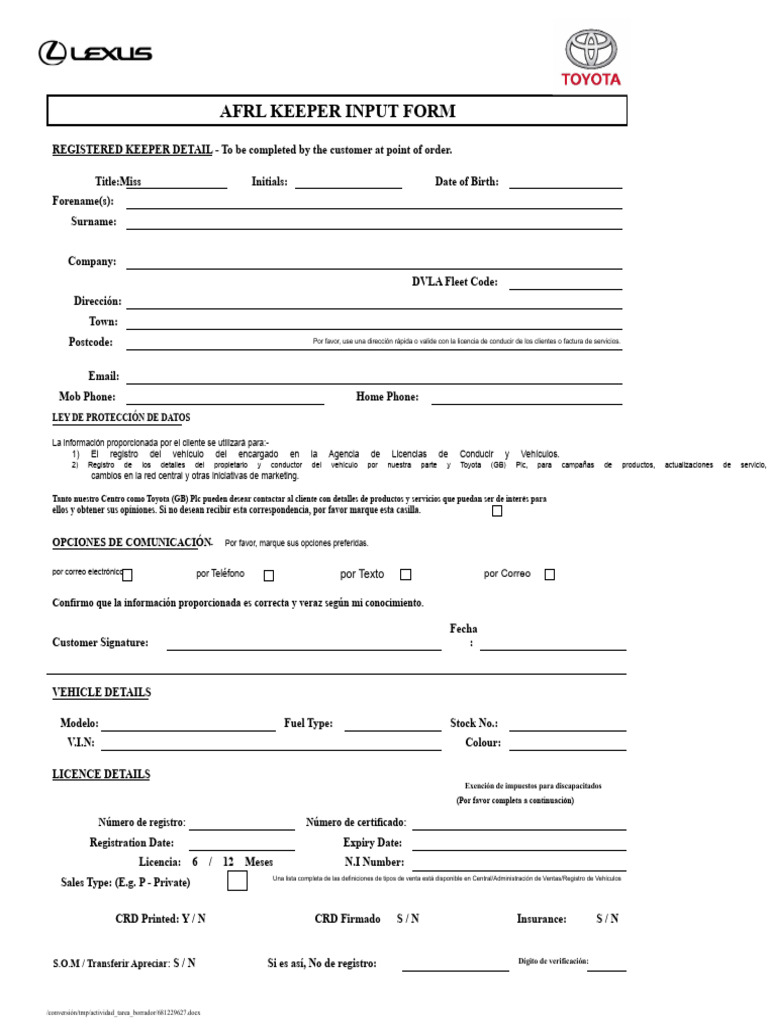 Afrl Keeper Input Form: Ley de Protección de Datos | PDF | Vehículos