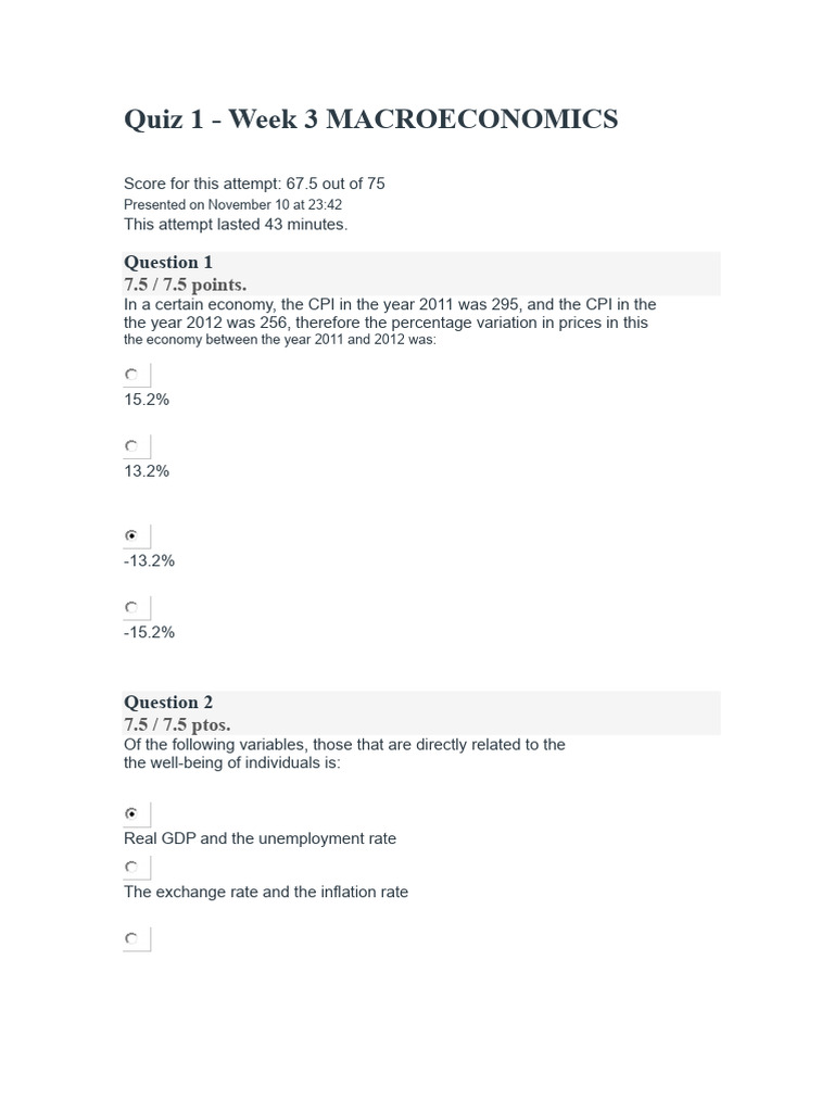 Week 3 Macroeconomics Quiz Results | PDF | Macroeconomics | Gross ...