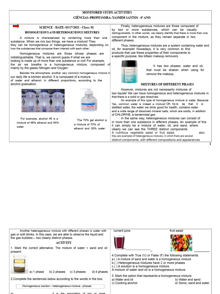 6th Grade Science Activity | PDF | Mixture | Water