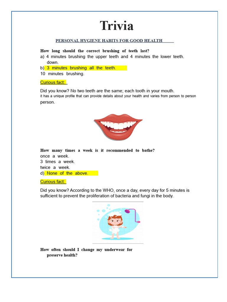 Trivia Personal Hygiene Habits For Good Health | PDF | Hand Washing ...