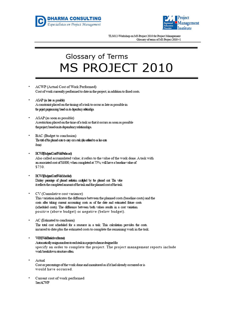 Glossary of MS Project Terms | PDF | Project Management