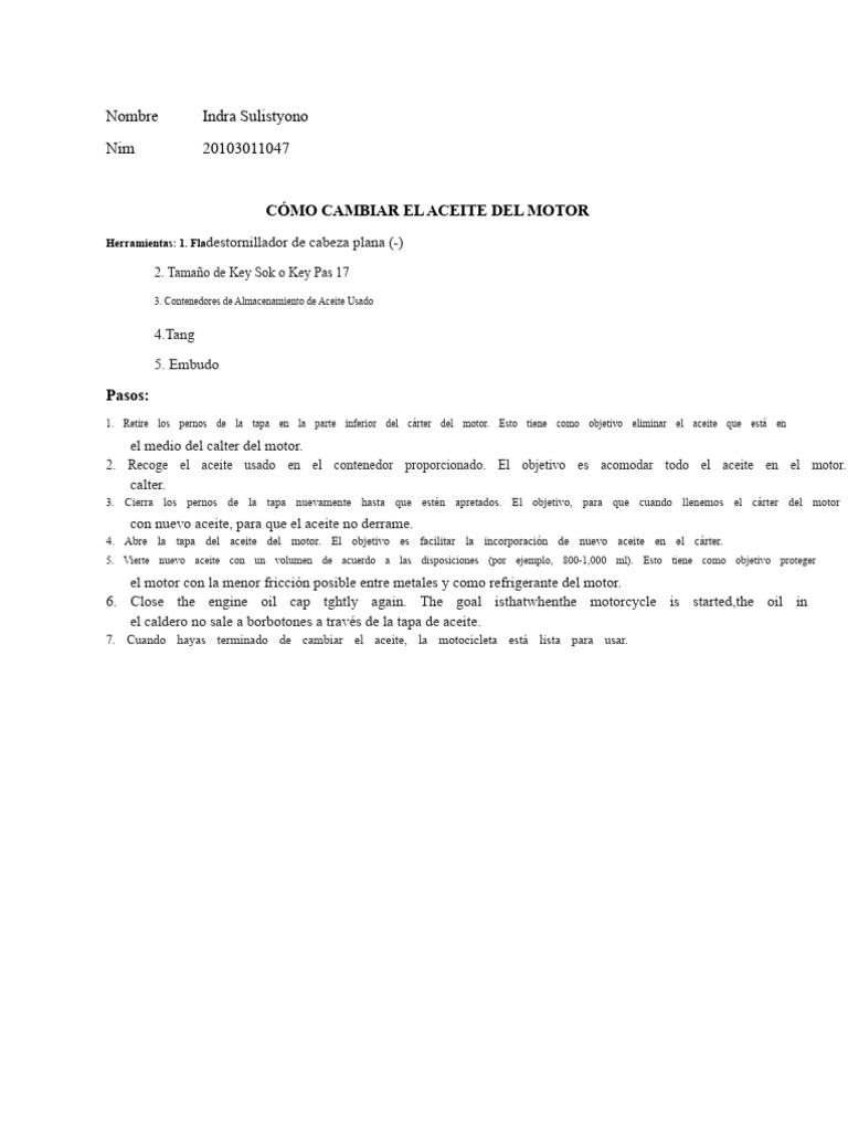Cómo cambiar el aceite tarea de inglés | PDF