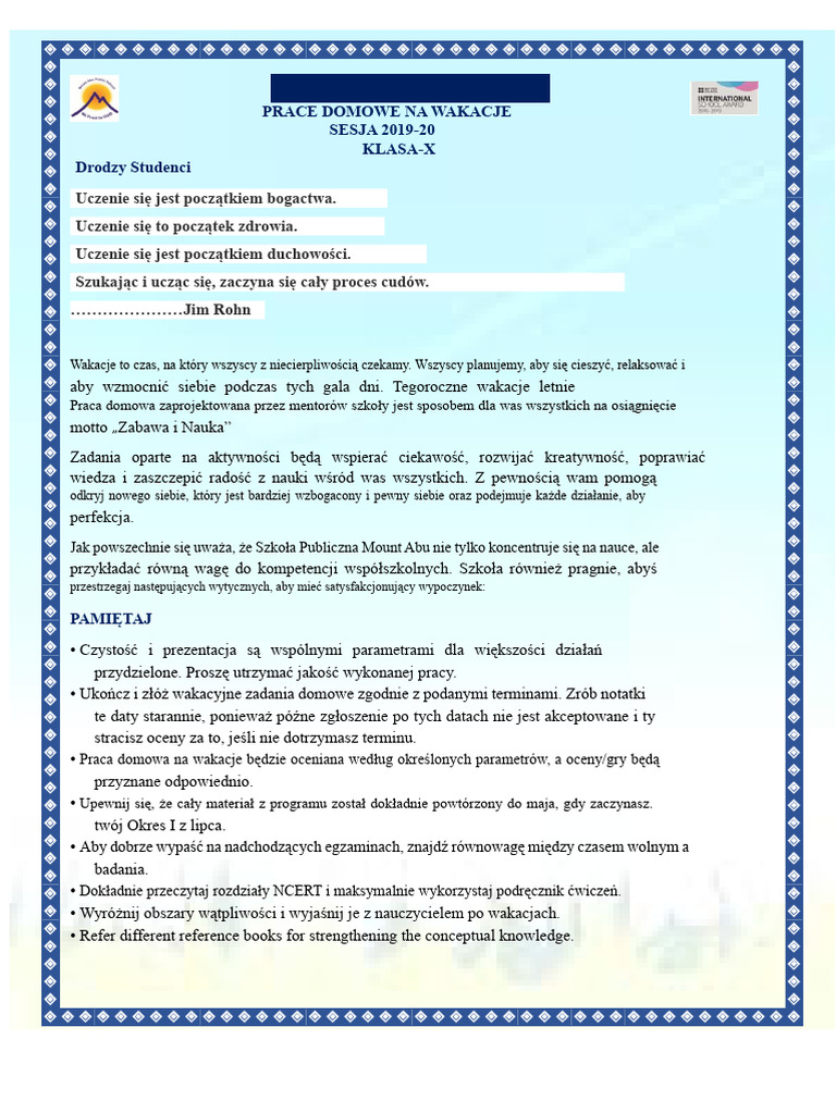 Praca Domowa Na Wakacje | PDF