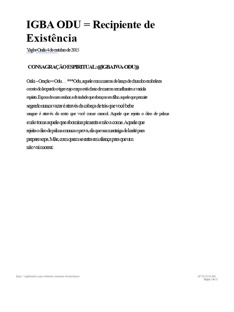 IGBA ODU Recipiente Da Existência - Chefe Yagbe Awolowo Onilu | PDF