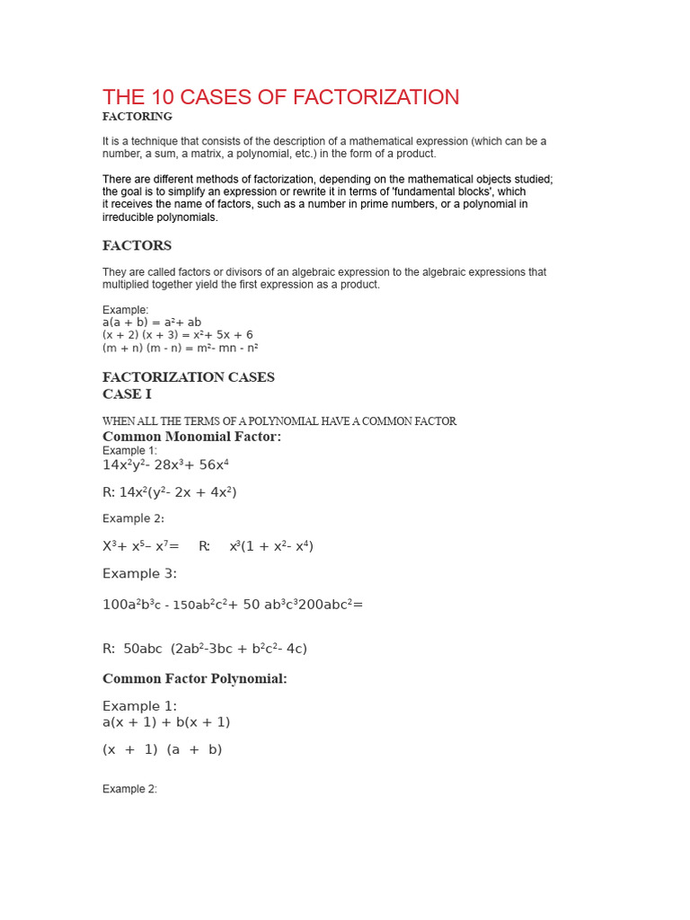 The 10 Cases of Factorization | PDF | Factorization | Polynomial