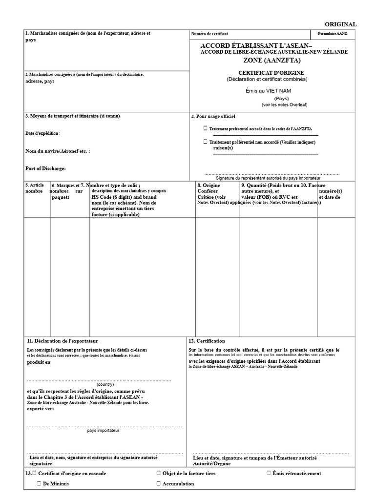 Formulaire AANZ : Certificat d'origine | PDF | Business | Échange ...