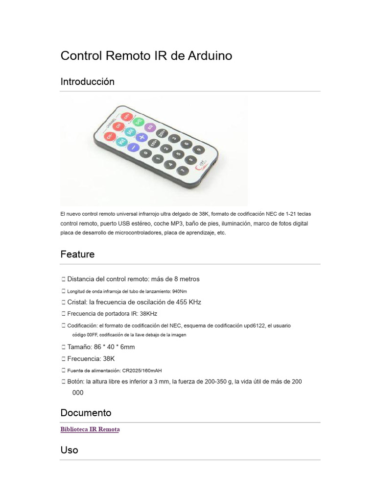 Control Remoto IR para Arduino: Guía y Código | PDF
