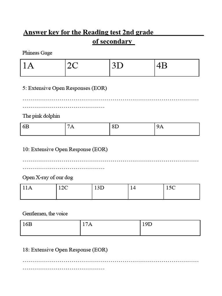 2nd Grade Reading Test Answer Key | PDF
