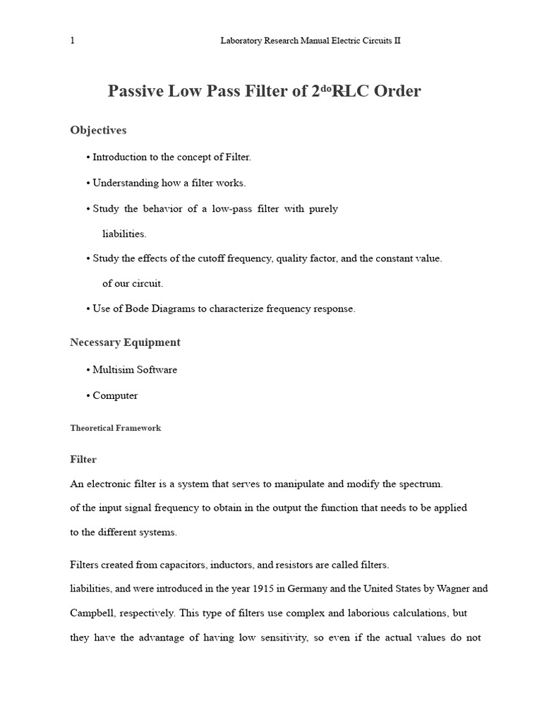 Second Order Passive RLC Low Pass Filter PDF | PDF | Low Pass Filter ...
