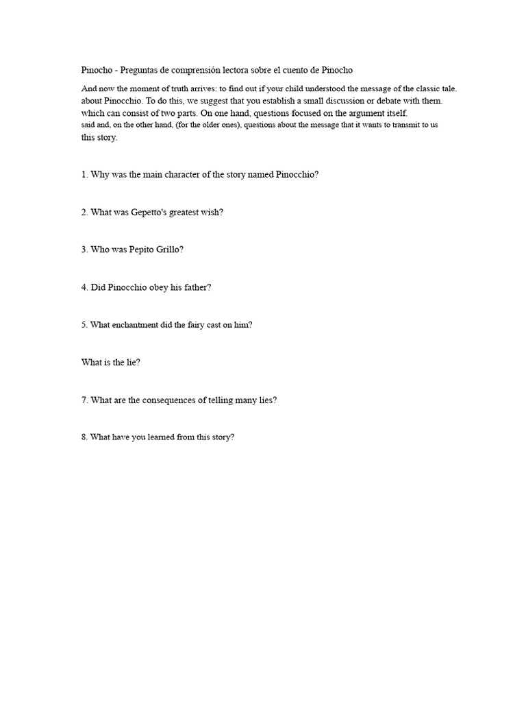 Pinocchio - Reading Comprehension Questions About The Story of ...