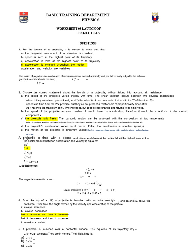Worksheet 08 - Projectile Launch 6-01 | PDF | Acceleration | Physical ...