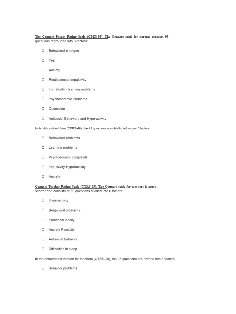 The Conners Parent Scale or Test | PDF | Attention Deficit ...