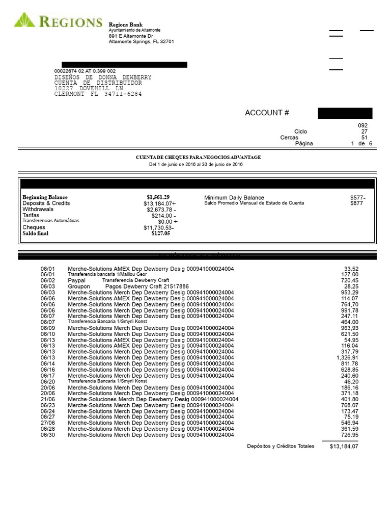 Estado de Cuenta de Regions Bank | PDF | Cheque | Dinero