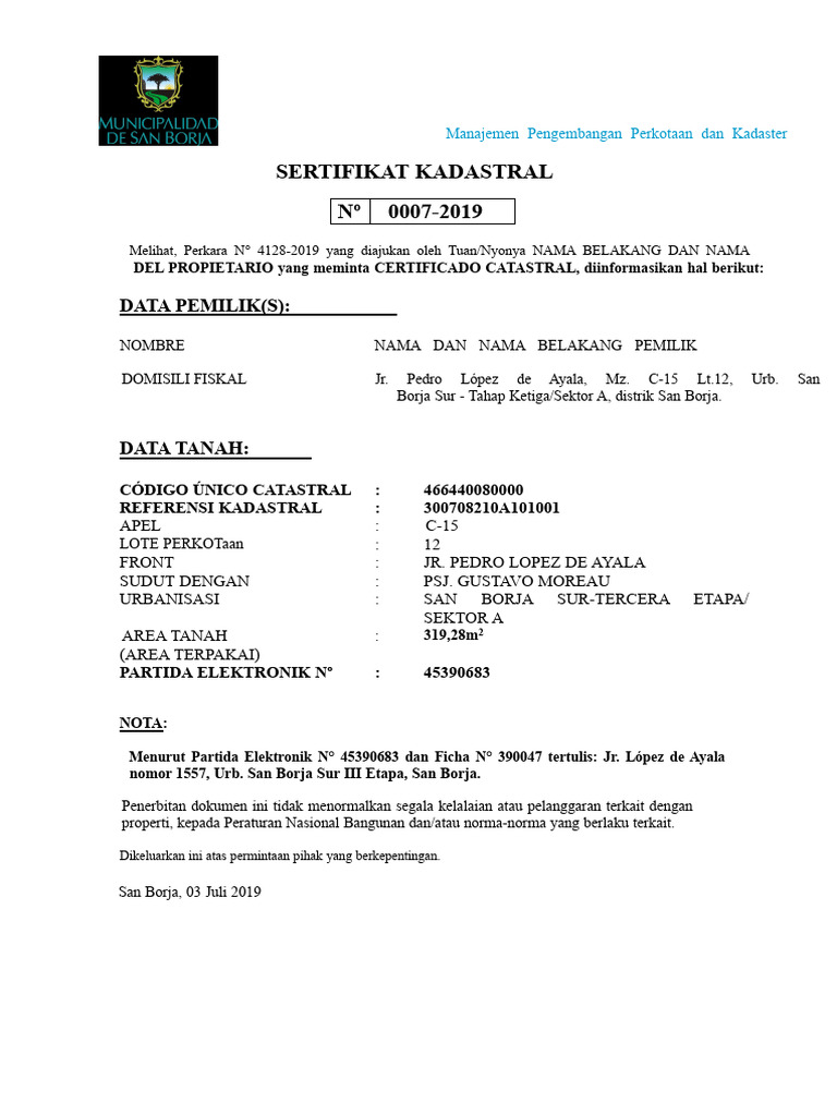 Contoh Sertifikat Kadastral | PDF
