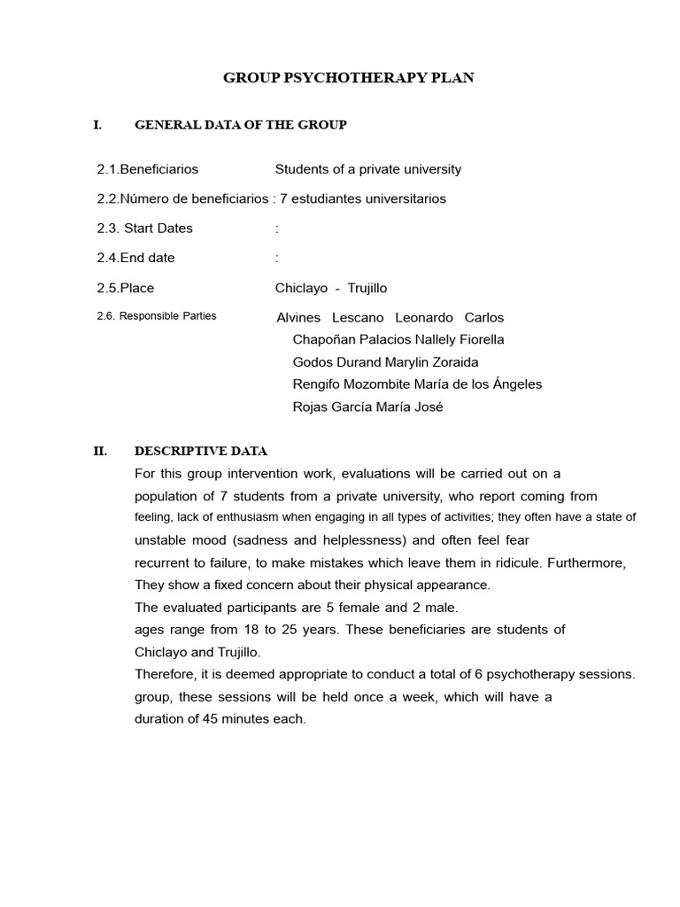 Group Psychotherapy Plan - G9 | PDF | Self Esteem | Psychotherapy