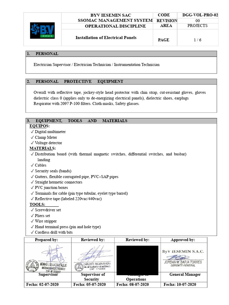 Electrical Panel Installation Procedures | PDF | Personal Protective ...