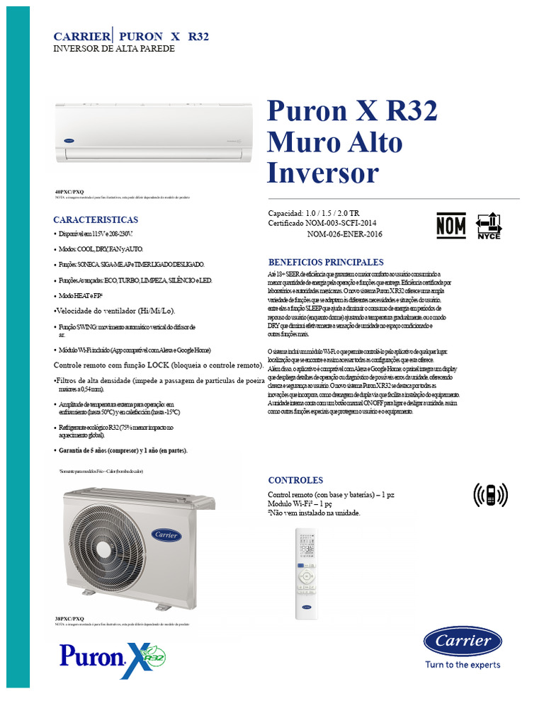 Inversor Carrier Puron X R32: Especificações | PDF | Ar condicionado ...