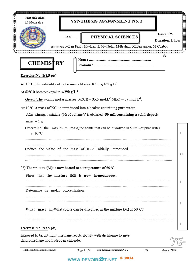 Physical Sciences Test for High School | PDF | Potassium Chloride ...