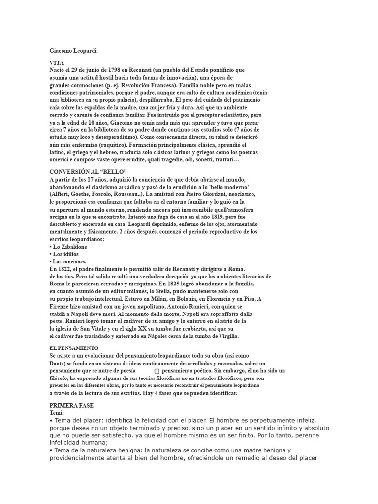 Apuntes Sobre Giacomo Leopardi | PDF | Felicidad | Romanticismo