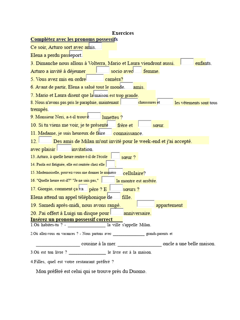 Exercices Sur Les Pronoms Possessifs | PDF | Échecs | Théorie (échecs)