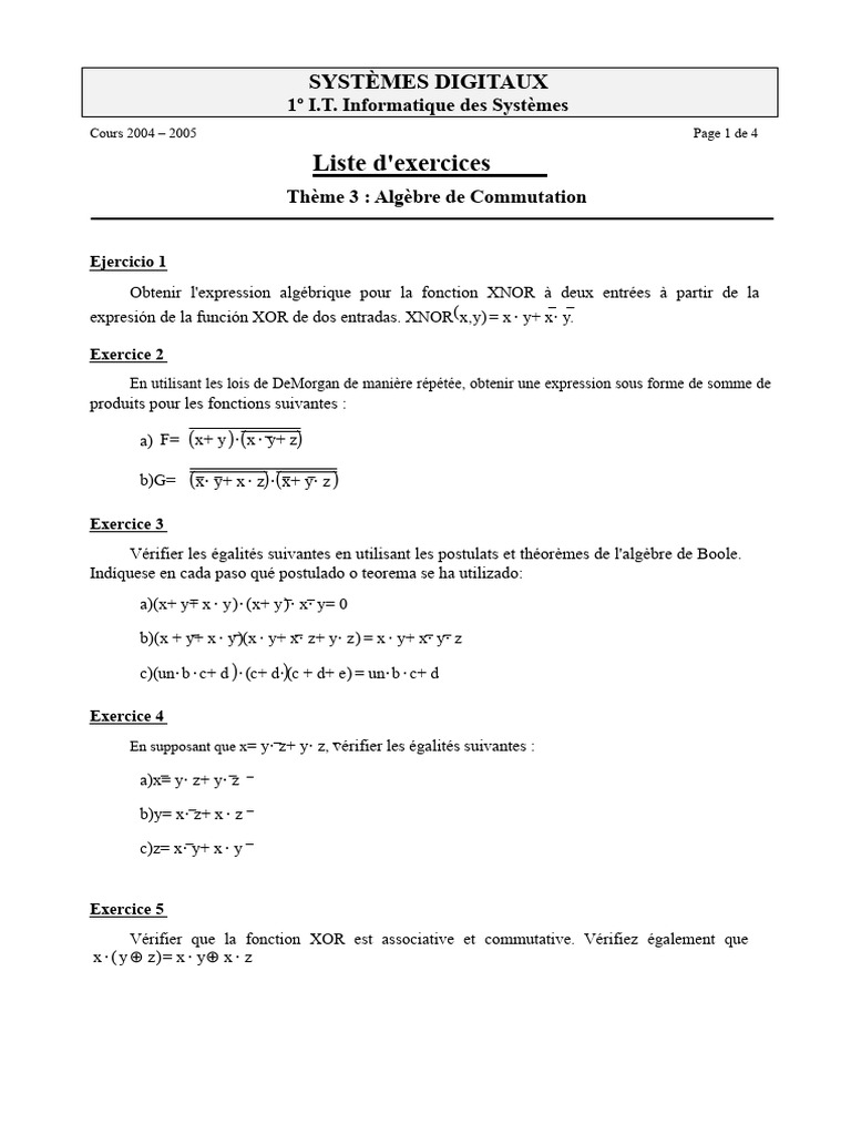 Exercices d'Algèbre de Commutation | PDF | Algèbre de Boole (logique ...