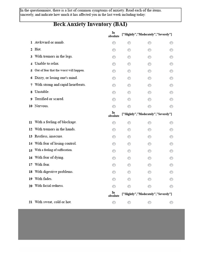 Beck Anxiety Inventory Questionnaire | PDF