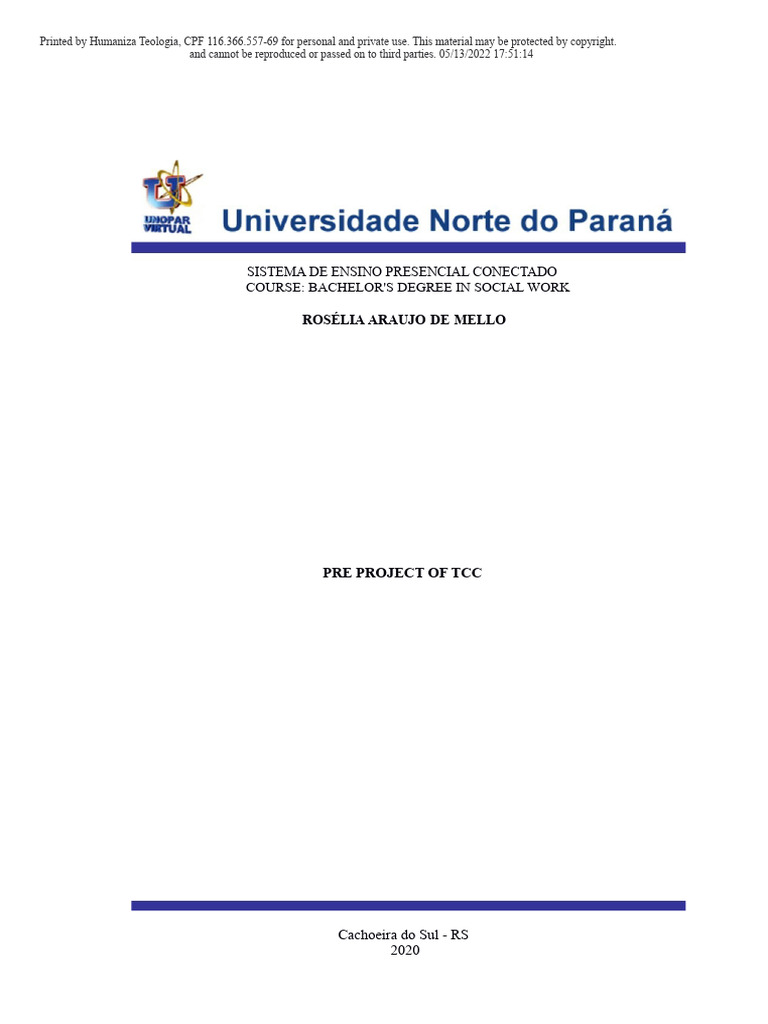 UNOPAR TCC Model - SOCIAL WORK | PDF | Methodology | Adolescence