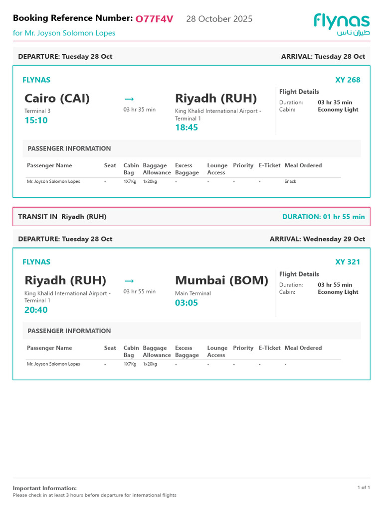 Cairo (CAI) Riyadh (RUH) : Booking Reference Number | PDF | Transport ...