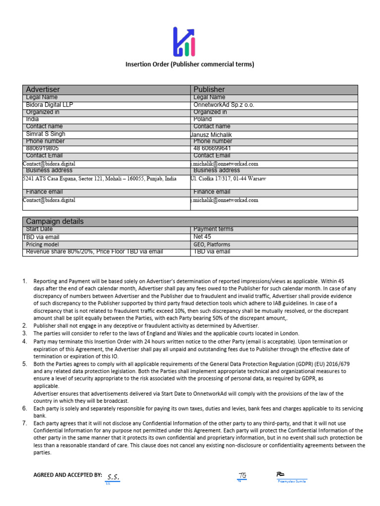 Insertion Order for Bidora and OnnetworkAd | PDF | Non Disclosure ...