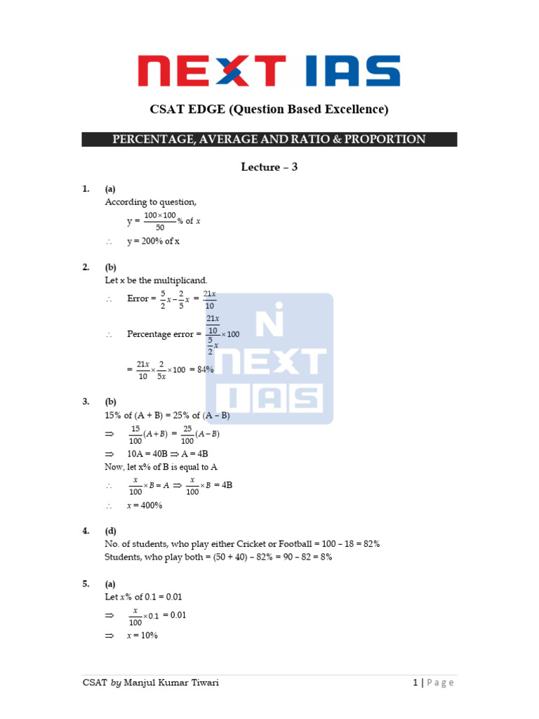 CSAT Percentage and Ratio Proportion Guide | PDF | Chess