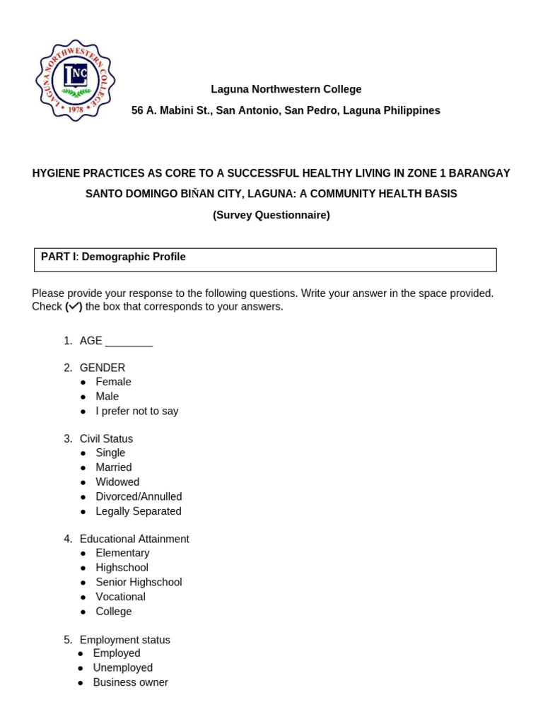 Hygiene Practices Survey in Barangay Santo Domingo | PDF | Hygiene ...