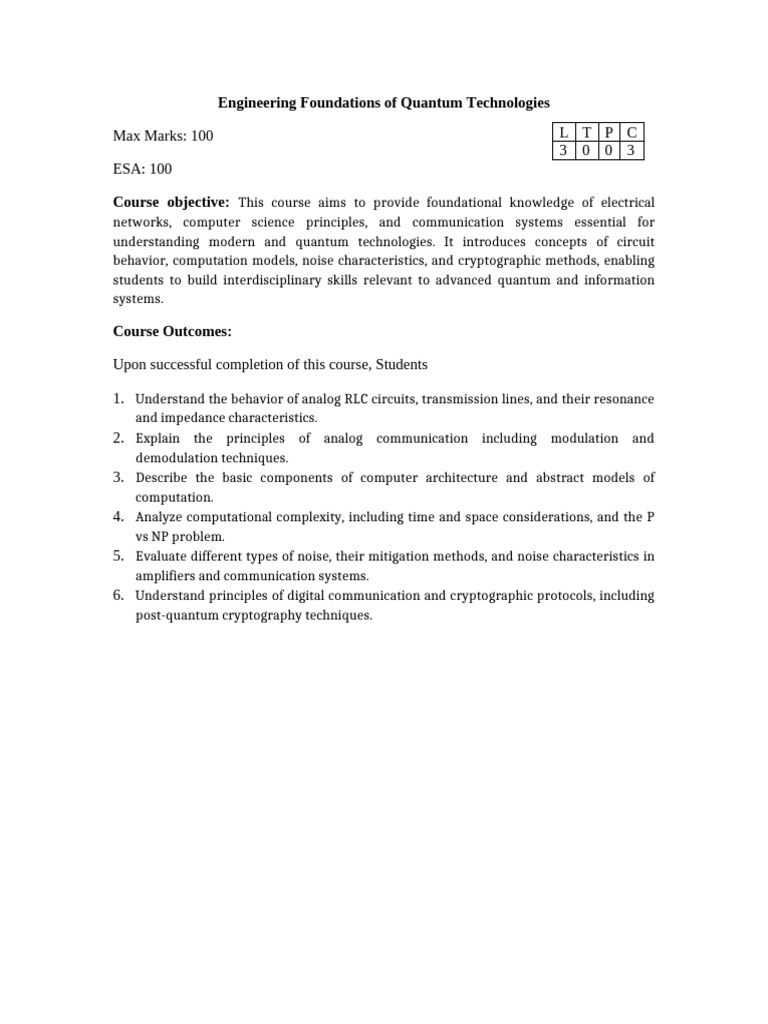 QT09 - Engineering Foundations of Quantum Technologies - Syllabus | PDF ...