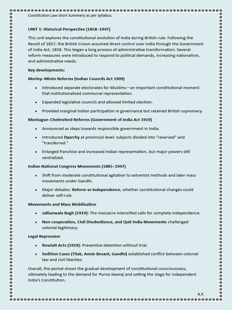 CONSTITUTION LAW Unit Wise Summery. | PDF | British Raj | Justice