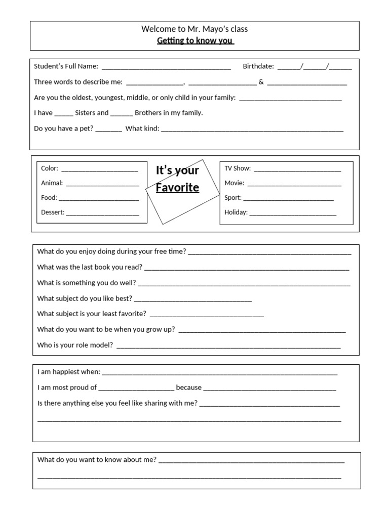 Getting To Know You Worksheet | PDF