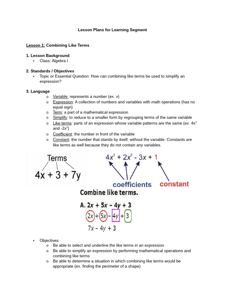 Combining Like Term Lesson Plans | PDF | Variable (Mathematics ...