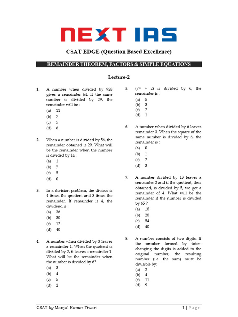 Lecture (Ques) | PDF | Division (Mathematics) | Abstract Algebra